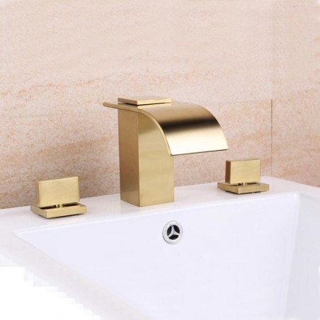 Brass Curved Waterfall Basin Tap Split Brushed Gold for Bathroom Sink ...